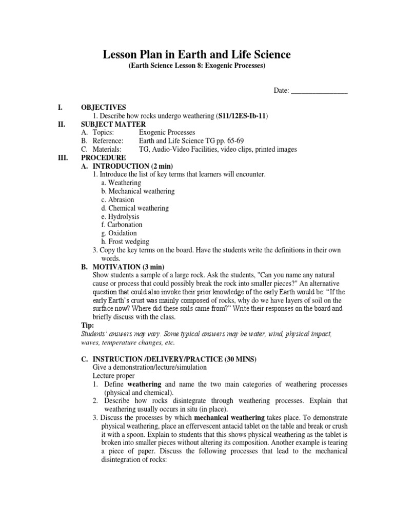 Lesson Plan in Earth and Life Science | PDF | Weathering | Soil
