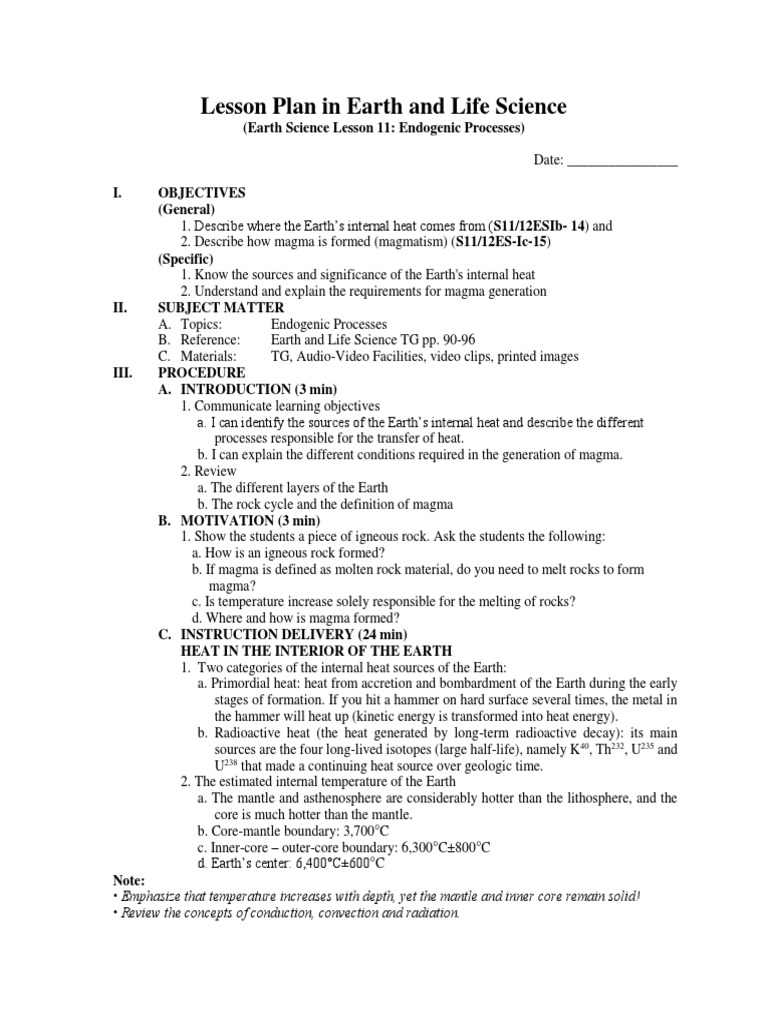 Lesson Plan in Earth and Life Science | PDF | Magma | Mantle (Geology)