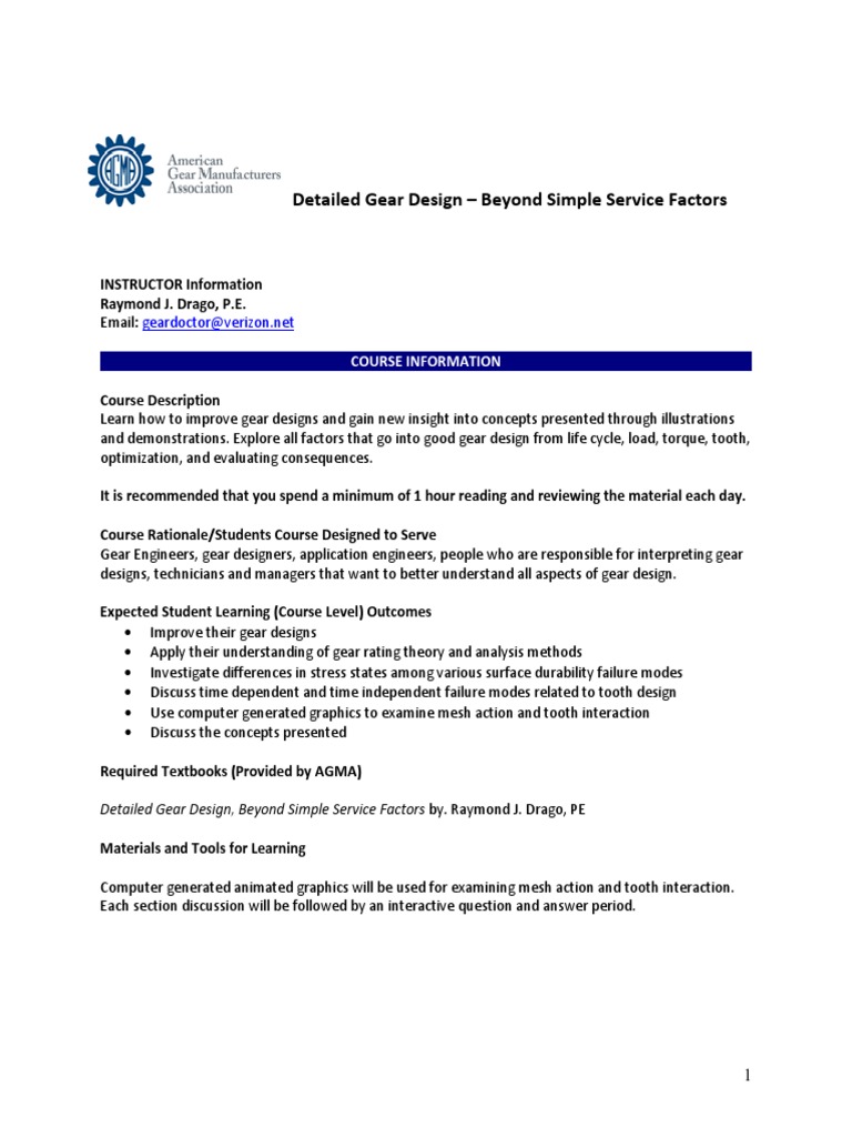 AGMA Course Outline DGD 2019 | PDF | Gear | Stress (Mechanics)
