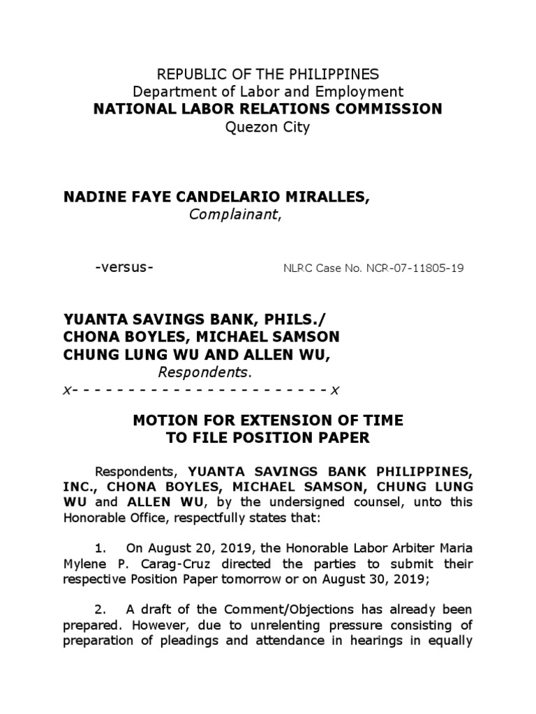 Motion for Extension of Time to File Position Paper in Labor Case ...