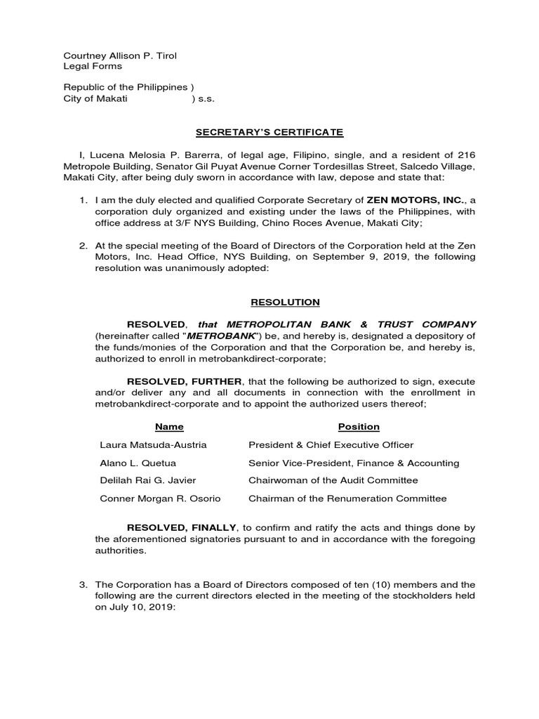 Secretary's Certificate To Open A Bank Account | PDF | Corporate Law ...
