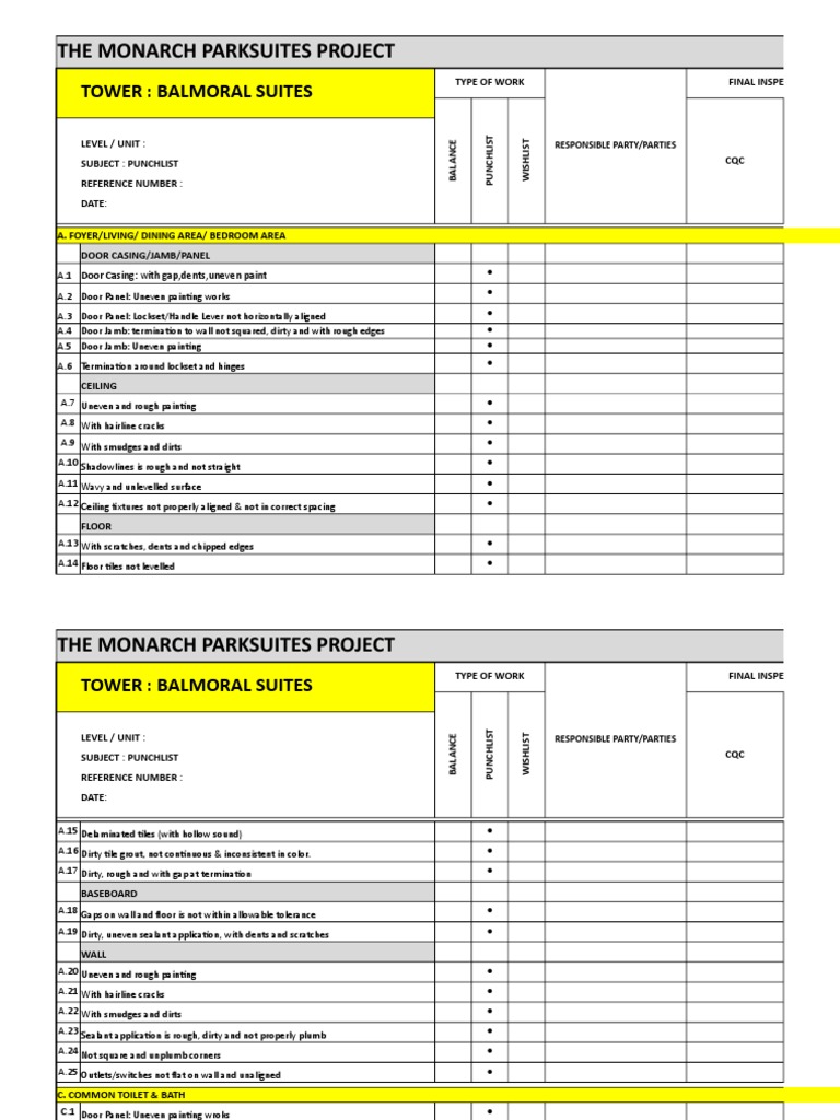 Official Punchlist Form | PDF | Door | Tile