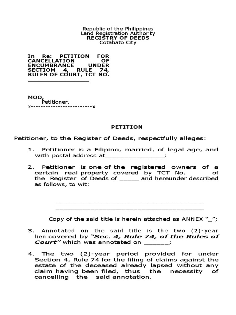 Petition to Cancel Encumbrance Sec 4 Rule 74 | PDF | Finance & Money ...