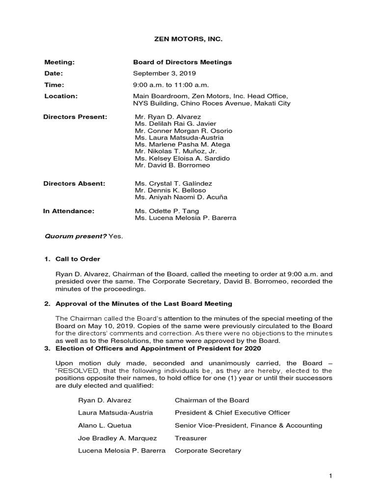 Minutes of Organizational Meeting of BOD | PDF | Governance | Companies