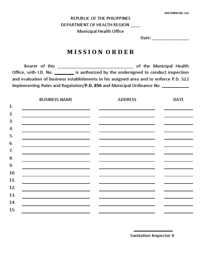 Mission Order: Ehs Form No. 112 | PDF