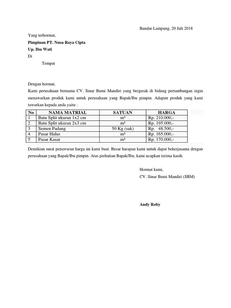 Surat Penawaran Batu Split DLL | PDF