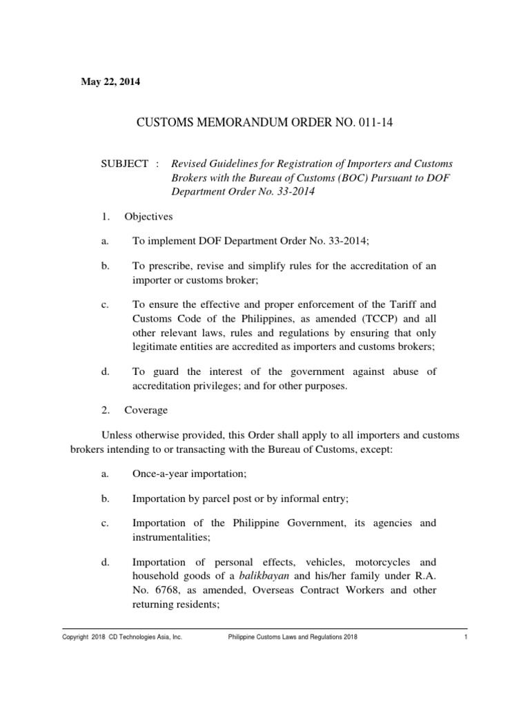 Customs Memorandum Order No. 011-14 | PDF | Identity Document | Copyright