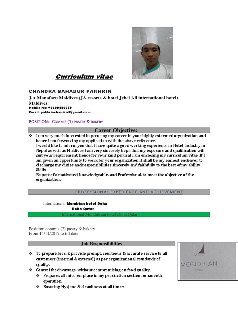 Pastry & Bakery Commis CV - Chandra Pakhrin | PDF | Menu | Chef