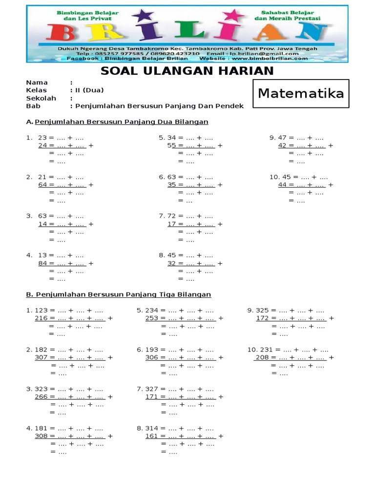 Soal Matematika Kelas 2 SD Sub Bab 2 Penjumlahan Bersusun Panjang Dan ...
