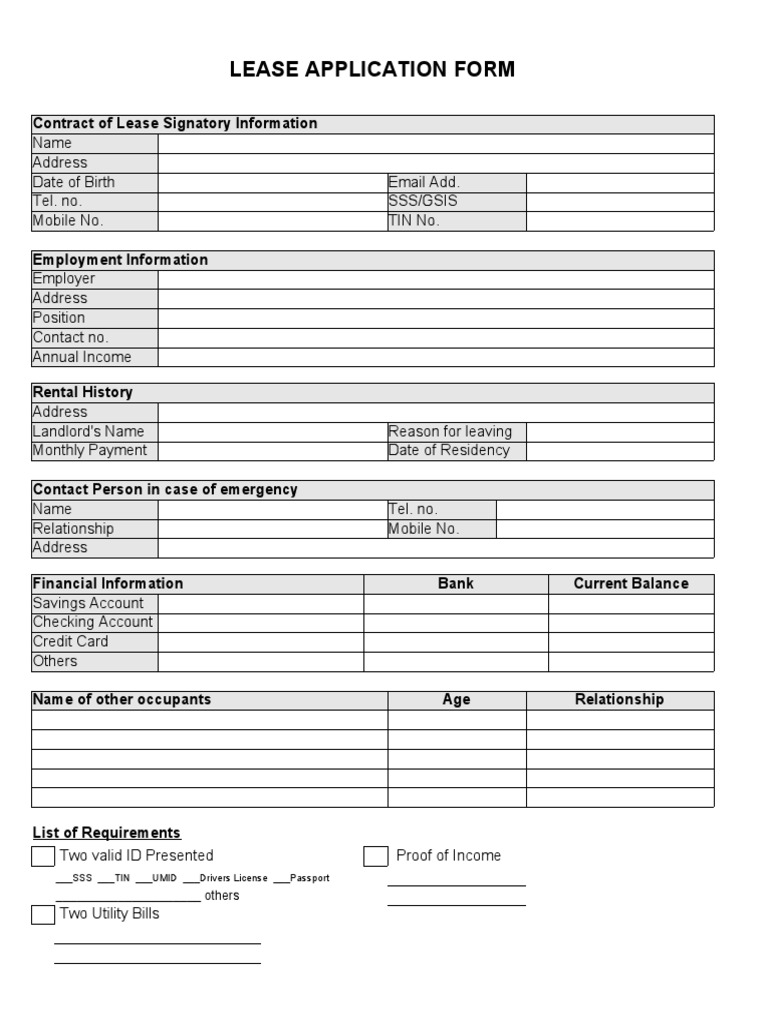Lease Application Form: Contract of Lease Signatory Information | PDF