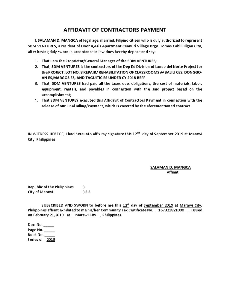Affidavit of Contractor Payment | PDF | Affidavit | Document