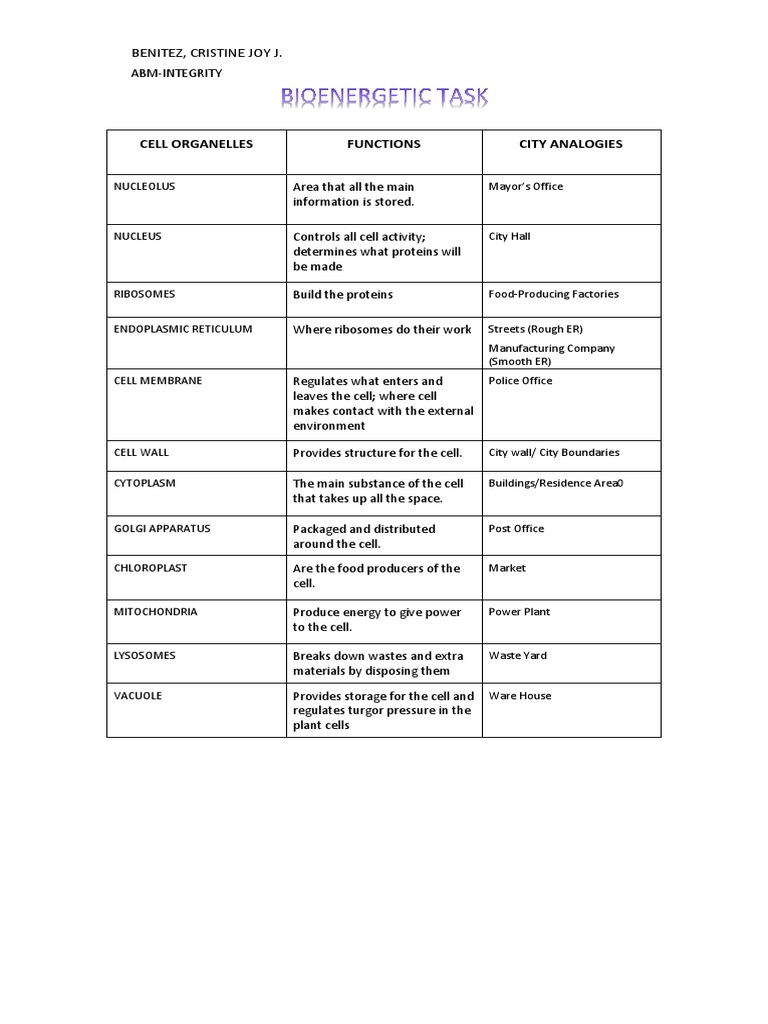Cell Organelles Functions City Analogies: Benitez, Cristine Joy J | PDF