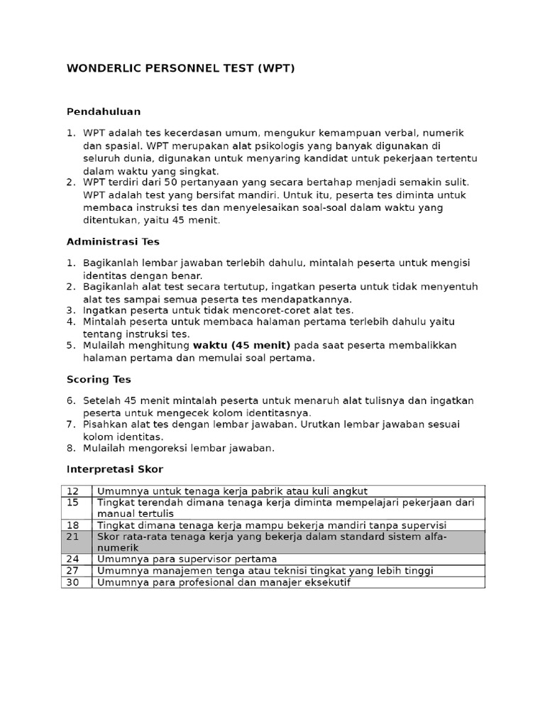 Wonderlic Personnel Test (WPT) PDF | PDF