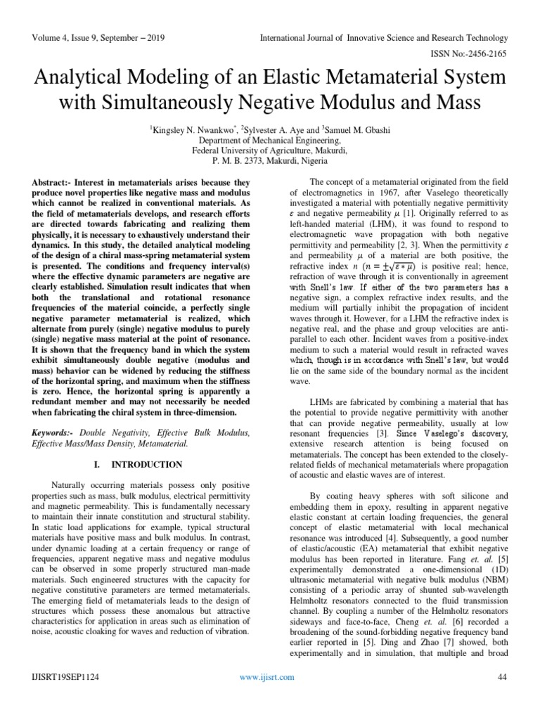 Analytical Modeling of An Elastic Metamaterial System With Simultaneously Negative Modulus and ...