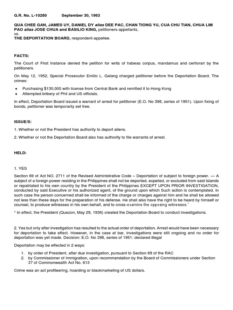 Quan Chee Gan vs. Deportation Case Digest | PDF | Law
