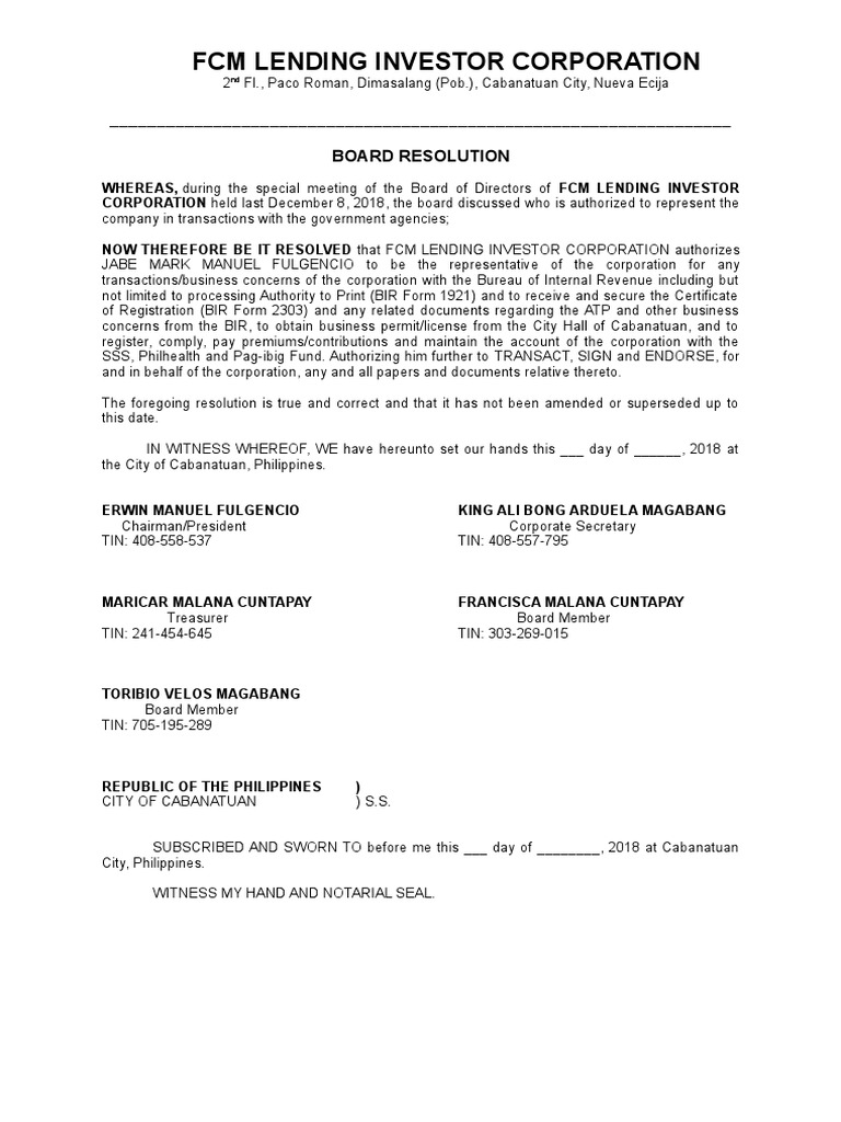 Board Reso - FCM | PDF