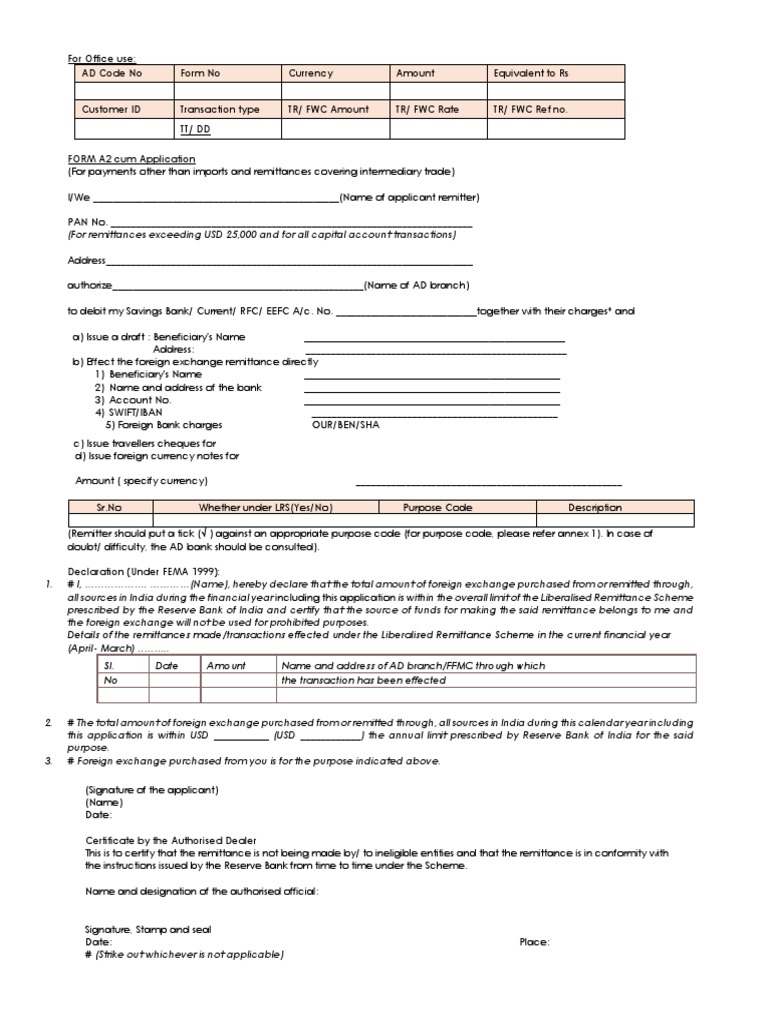 Revised Form A2 Cum Application Form | PDF | Remittance | Invoice Revised Form A2 Cum Application Form | PDF | Remittance | Invoice