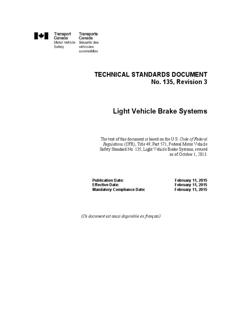 Light Vehicle Brake Systems: Technical Standards Document No. 135 ...