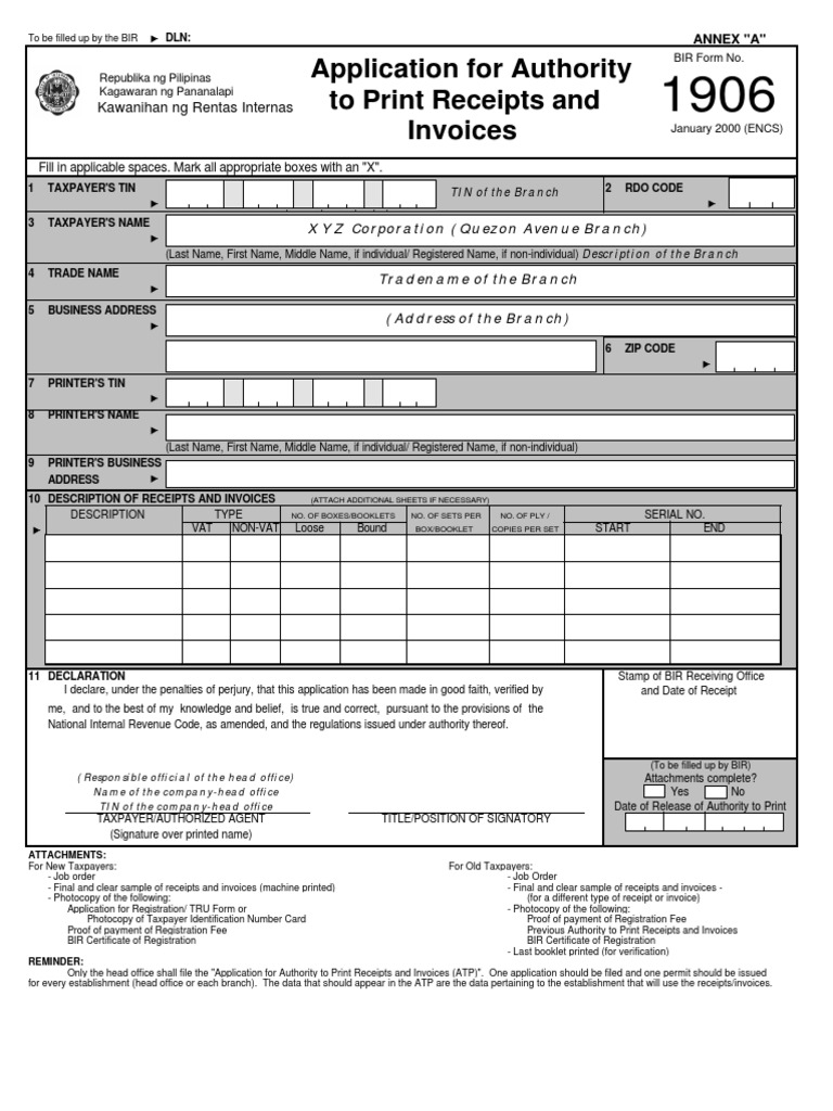 BIR Form 1906 - Application For ATP | PDF | Receipt | Invoice