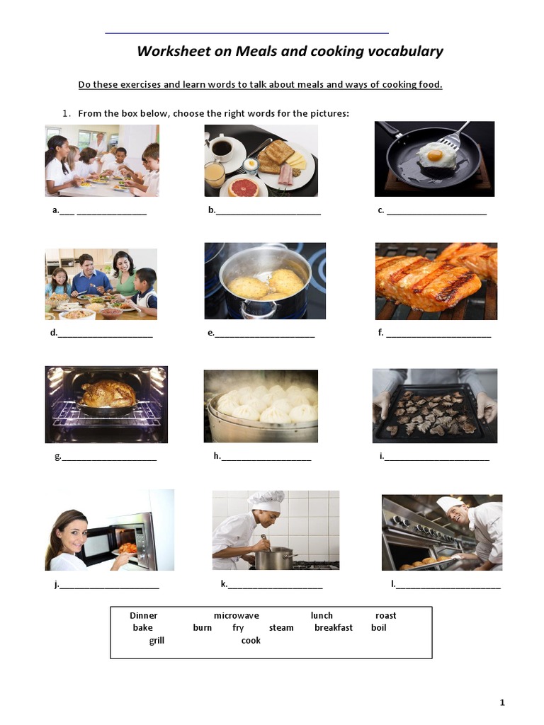 Worksheet On Meals and Cooking Vocabulary | PDF | Meal | Lunch