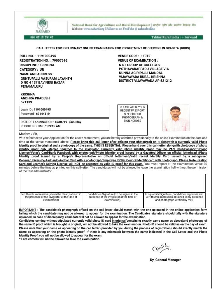 Recruitment of Officers in Grade 'A' (RDBS): Call Letter for ...