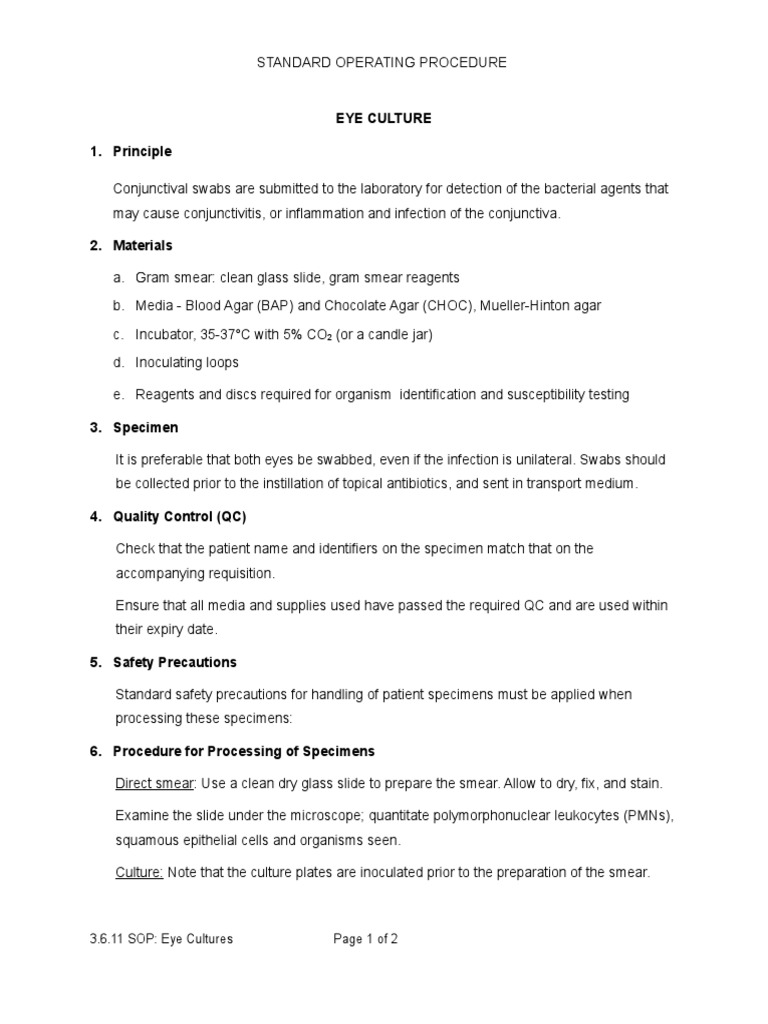Eye Culture 1. Principle: 3.6.11 SOP: Eye Cultures Page 1 of 2 | PDF ...