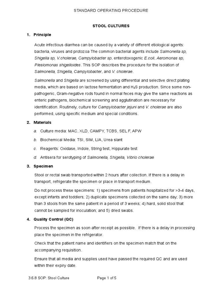 3.6.8 SOP - Stool Culture | PDF | Salmonella | Cholera
