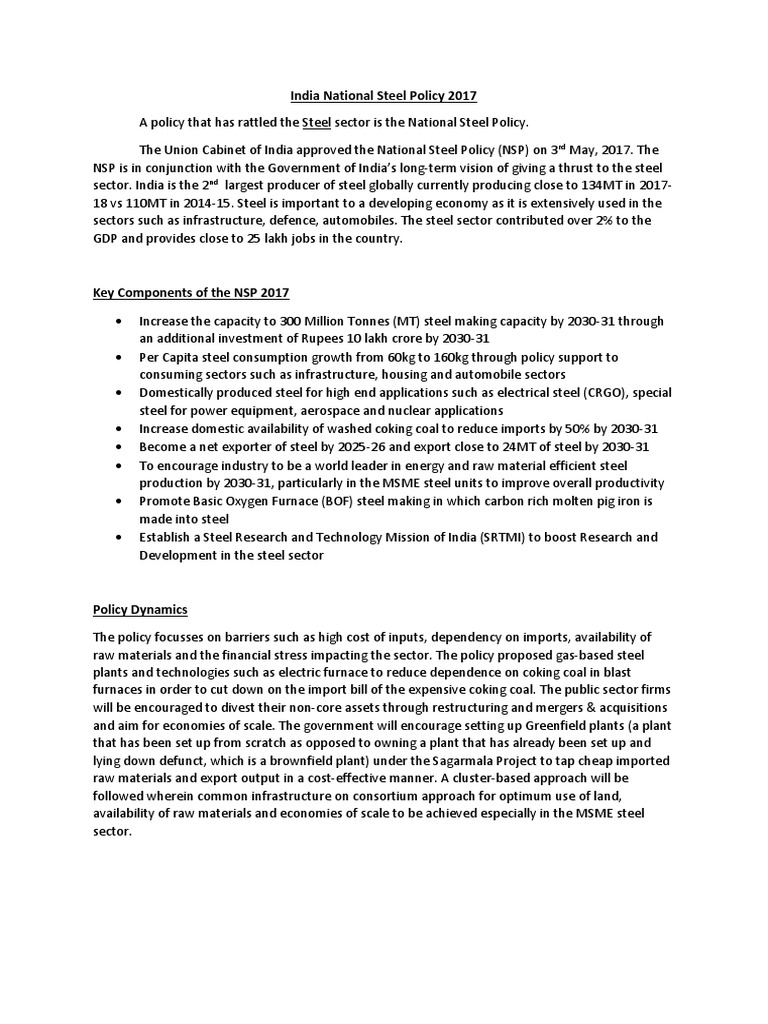 Analysis of India's National Steel Policy 2017: Ambitious Targets ...