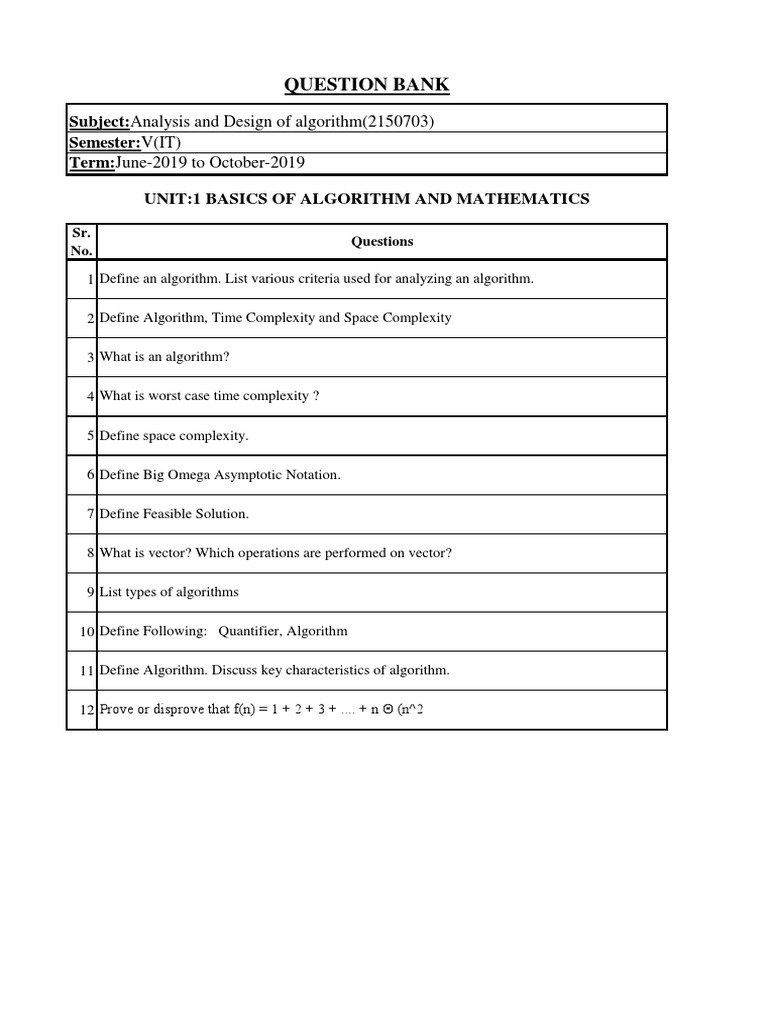 Question Bank 1to11 | PDF | Recurrence Relation | Dynamic Programming