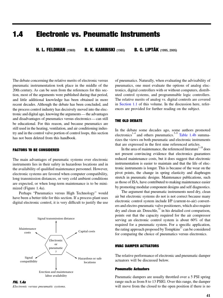 1.4 Electronic vs. Pneumatic Instruments: H. L. Feldman R. K. Kaminski ...