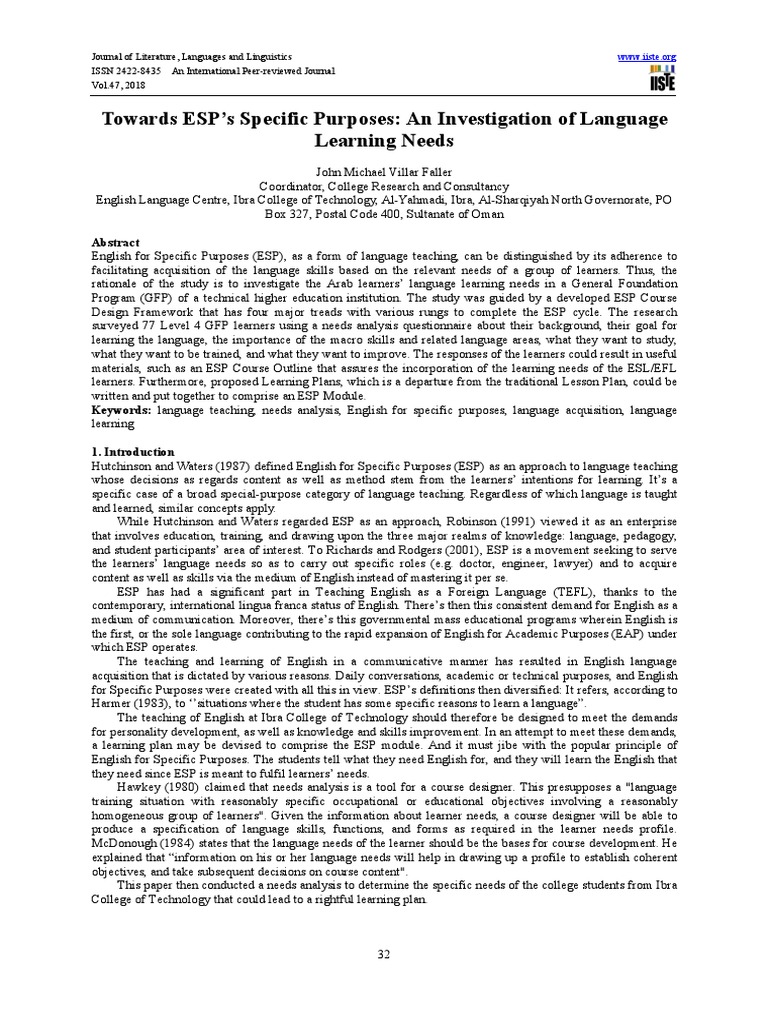 Towards ESP's Specific Purposes: An Investigation of Language Learning ...