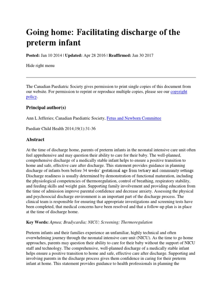 Going Home: Facilitating Discharge of The Preterm Infant | PDF | Low ...