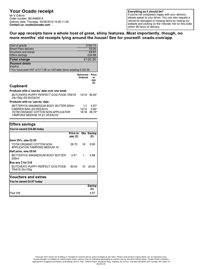 Ocado Receipt | PDF | Services (Economics) | Payments