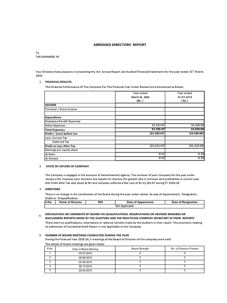 Abridged Directors' Report: Financial Results | PDF | Board Of ...