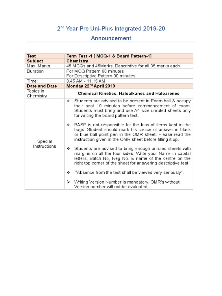 2 Year Pre Uni-Plus Integrated 2019-20 Announcement: Test Term Test - 1 ...