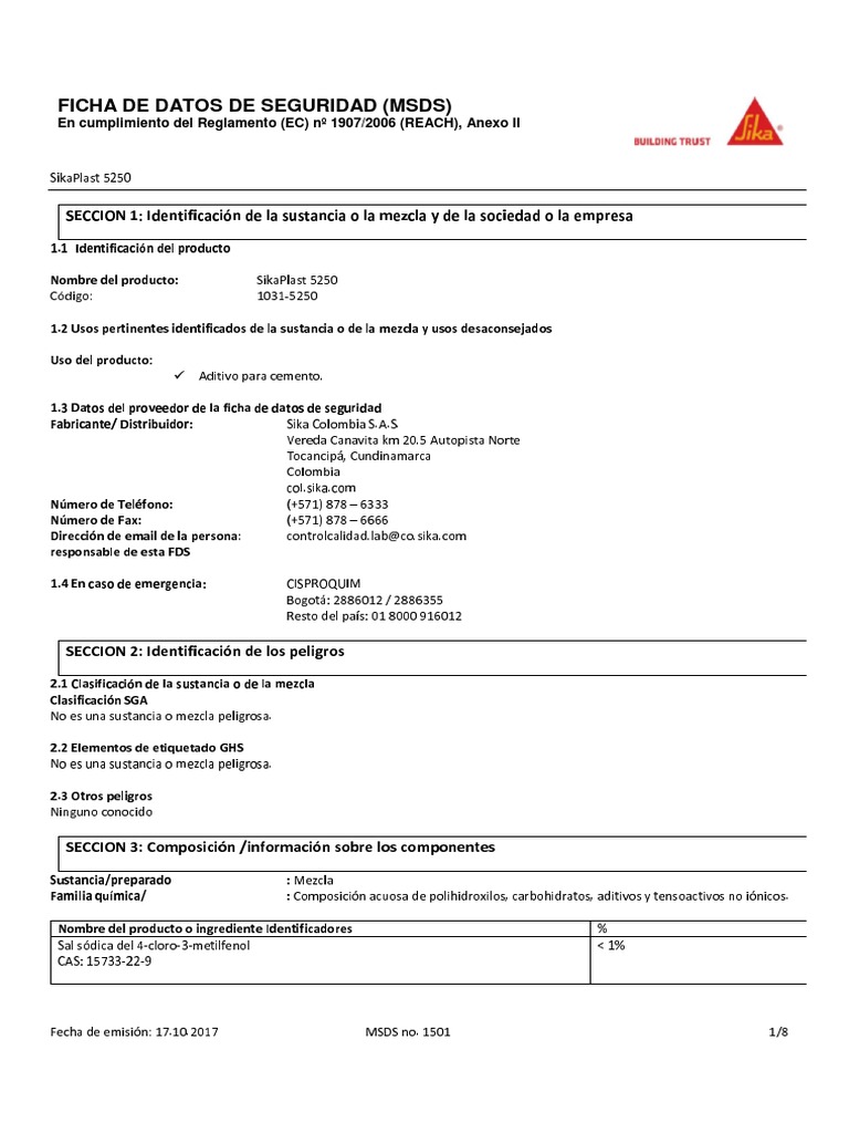 Ficha de Datos de Seguridad (MSDS) : en Cumplimiento Del Reglamento (EC ...