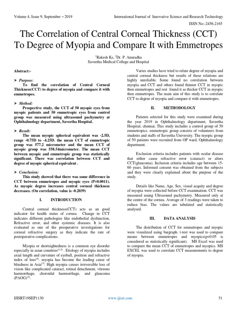The Correlation of Central Corneal Thickness (CCT) To Degree of Myopia ...