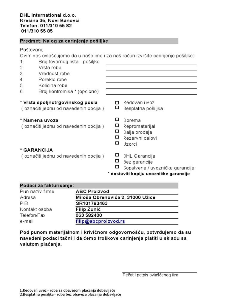 Nalog Za Carinjenje DHL | PDF