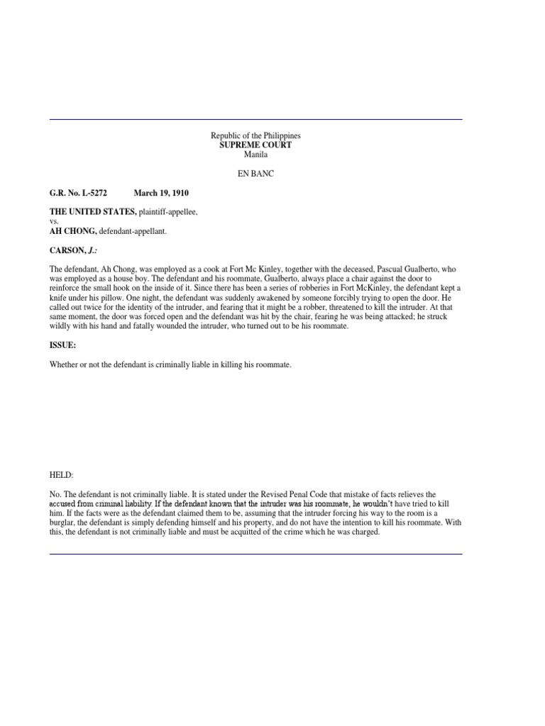 Ah Chong and Oanis Case Digest-Mistake of Facts | PDF | Robbery ...