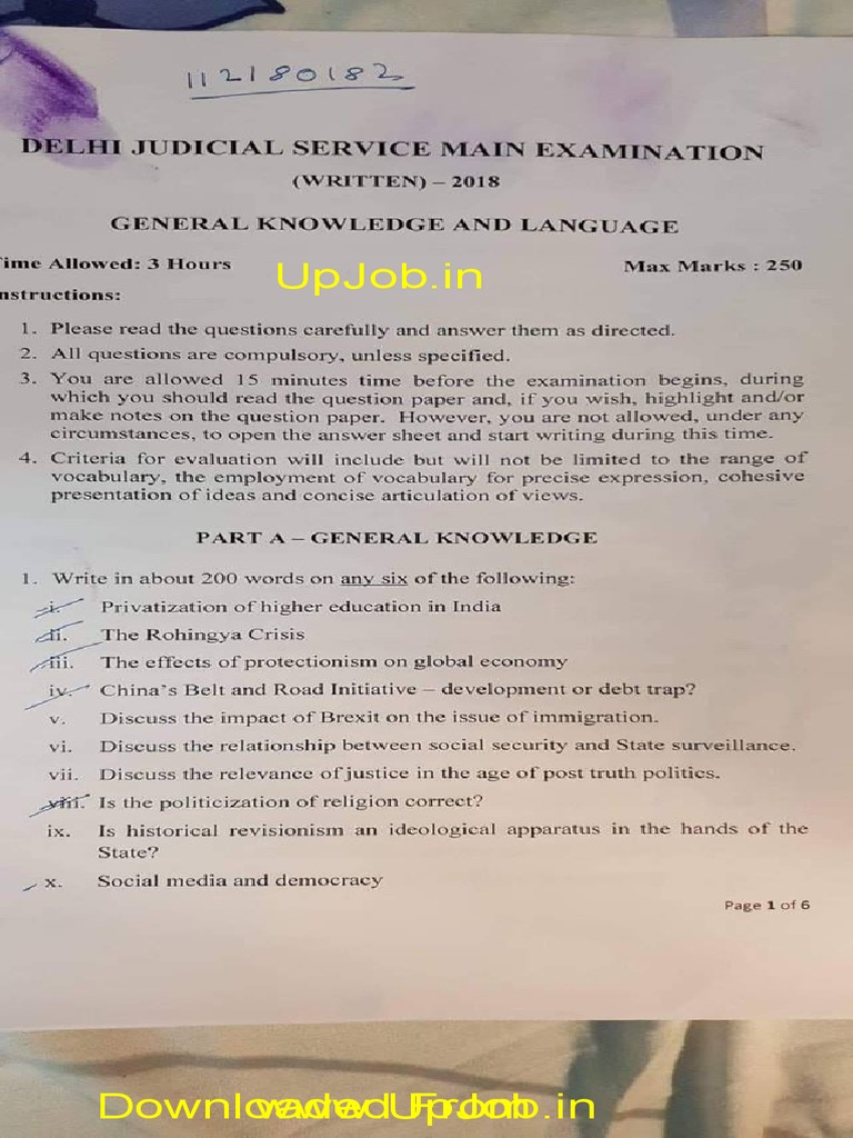 Delhi Judicial Service Mains Exam Question Paper 2018 PCS J Civil Judge ...