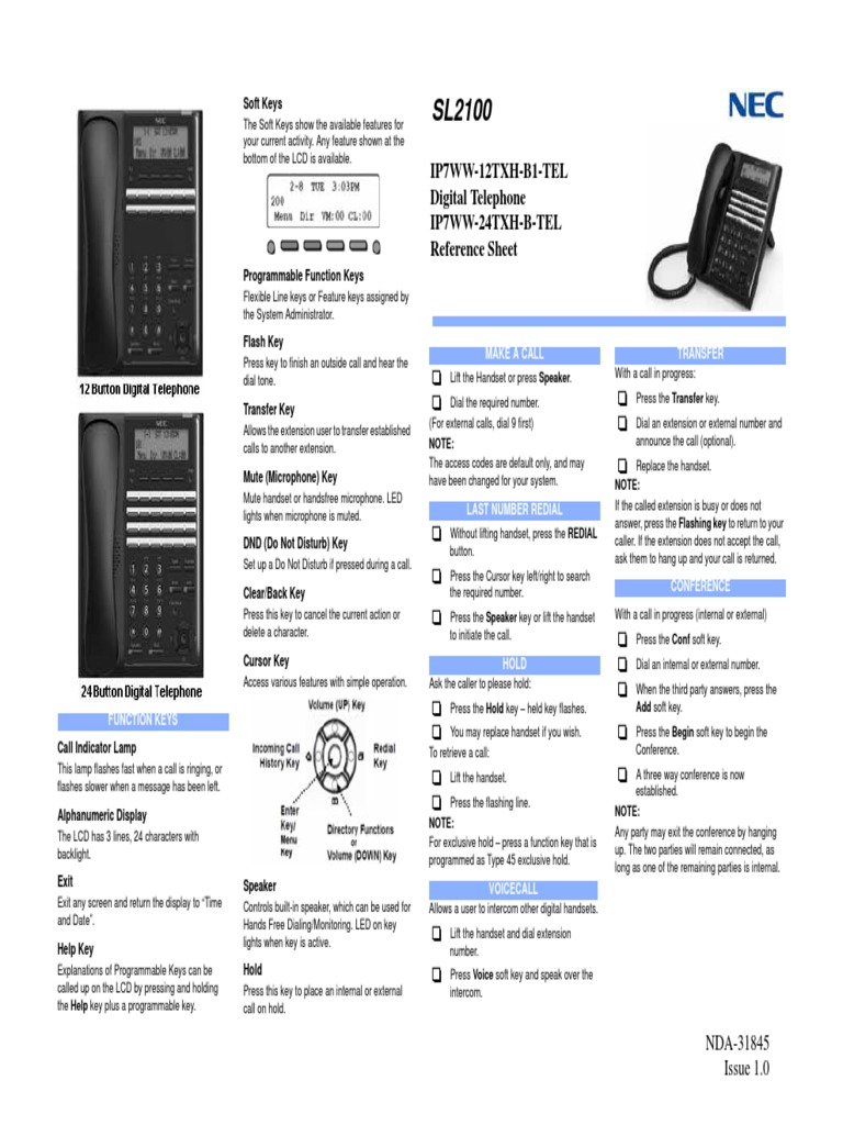 1 0 SL2100 Digital Telephone Quick Ref Sheet | PDF | Telephone ...