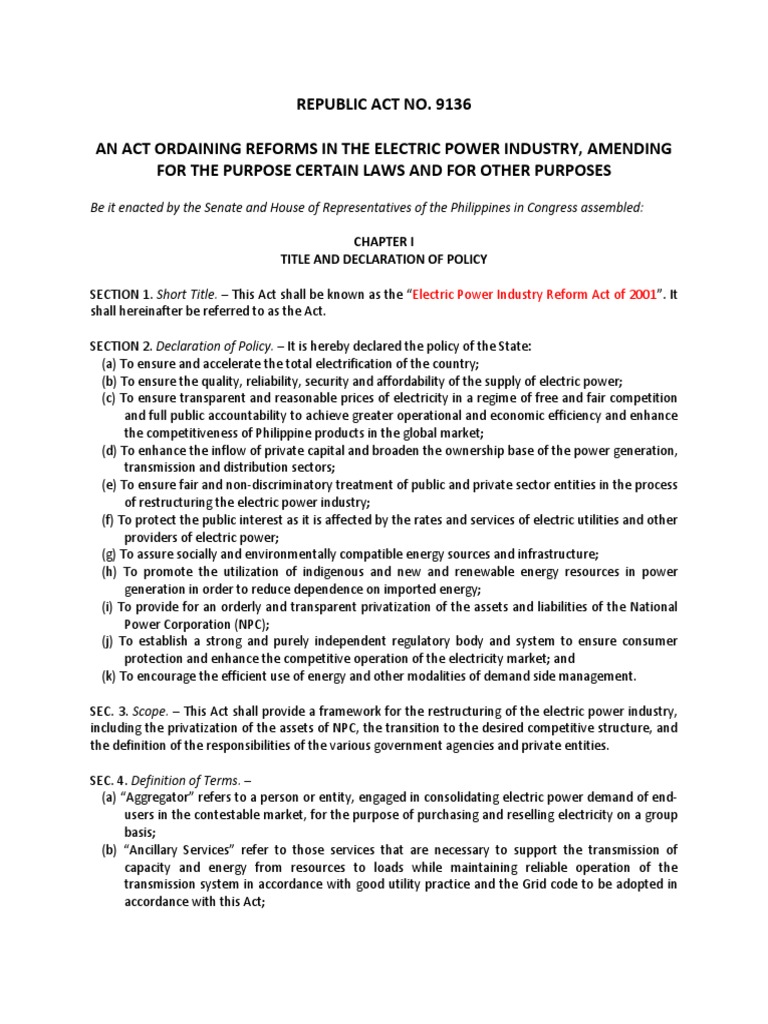 Republic Act No. 9136 An Act Ordaining Reforms in The Electric Power ...