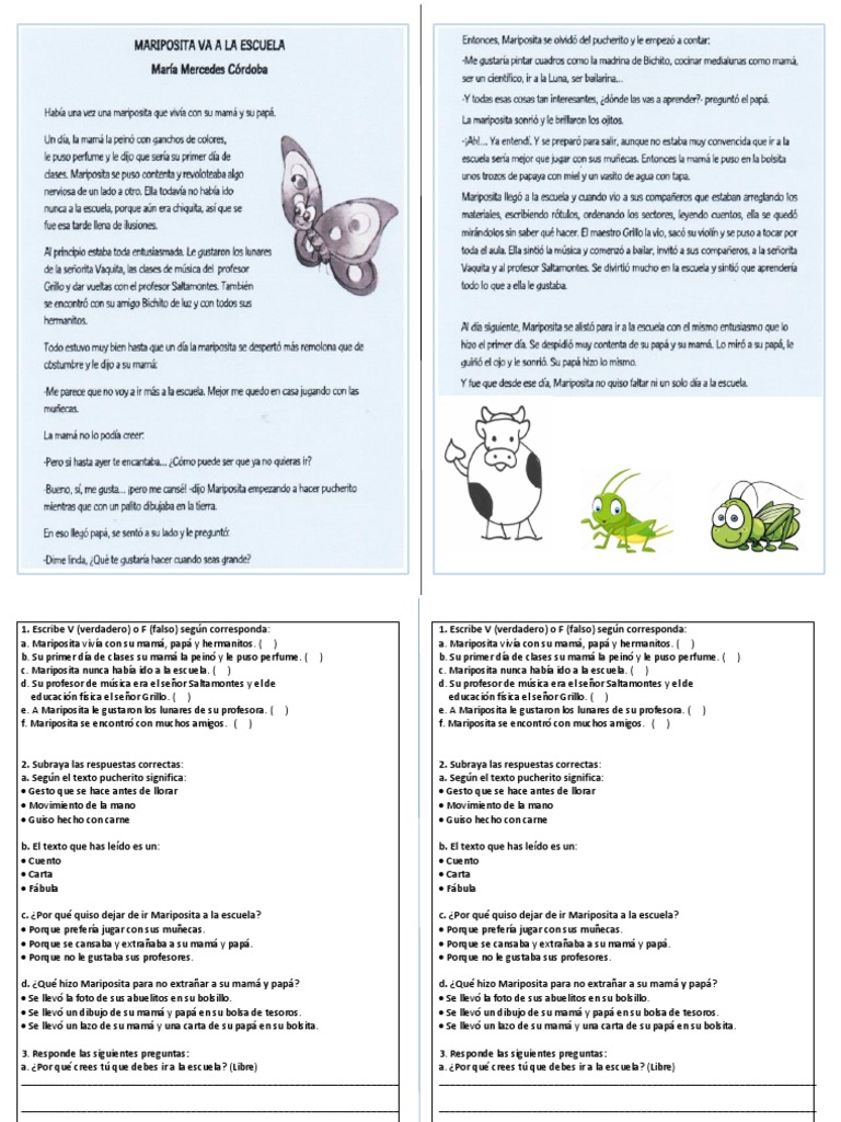 Actividades de Comprensión: Mariposita en la Escuela | PDF