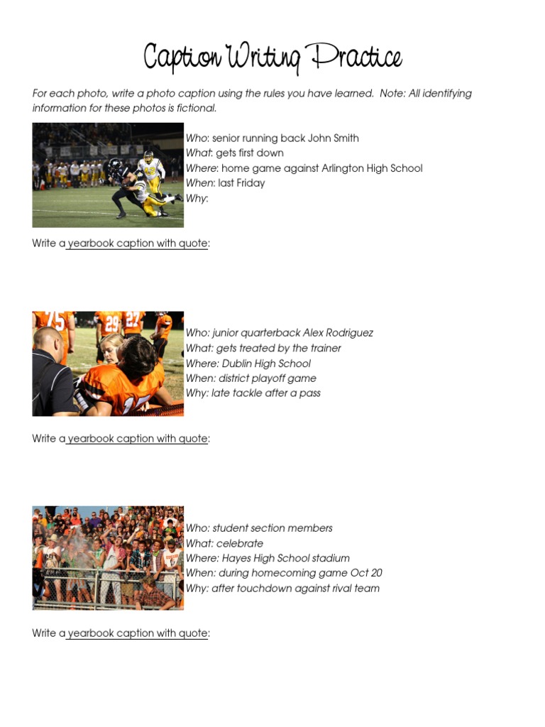 Caption Writing Practice: Write A Yearbook Caption With Quote | PDF