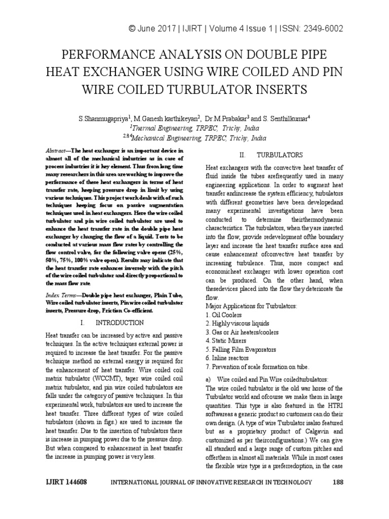 Performance Analysis On Double Pipe Heat Exchanger Using Wire Coiled and Pin Wire Coiled ...
