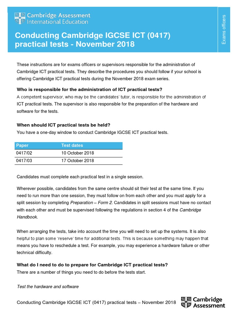 0417 N18 Instructions For Conducting The Igcse Ict Practical Tests Pdf Computer File