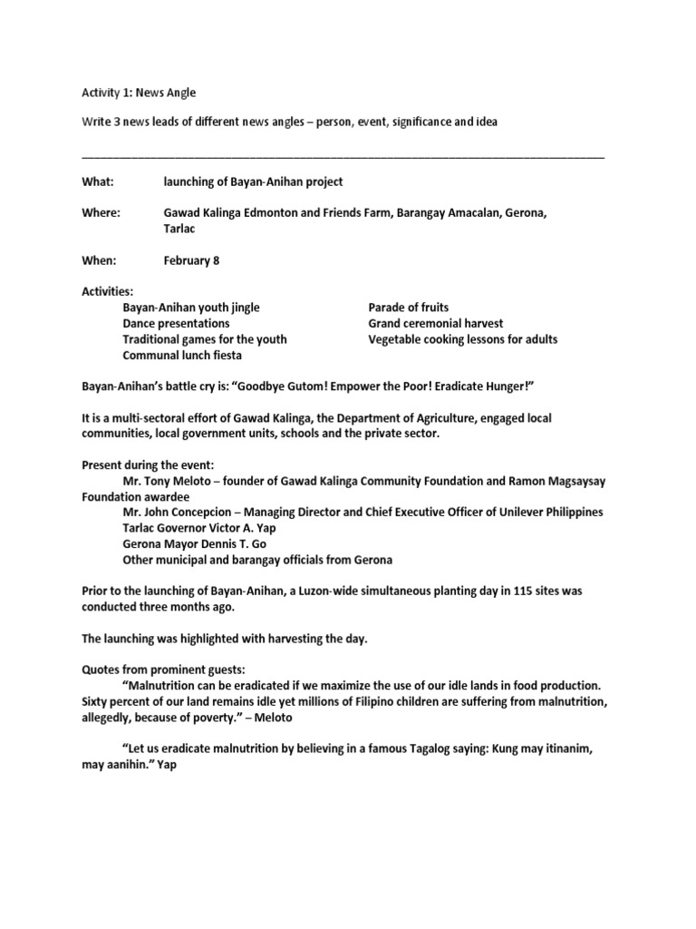 Activity 1: News Angle Write 3 News Leads of Different News Angles ...
