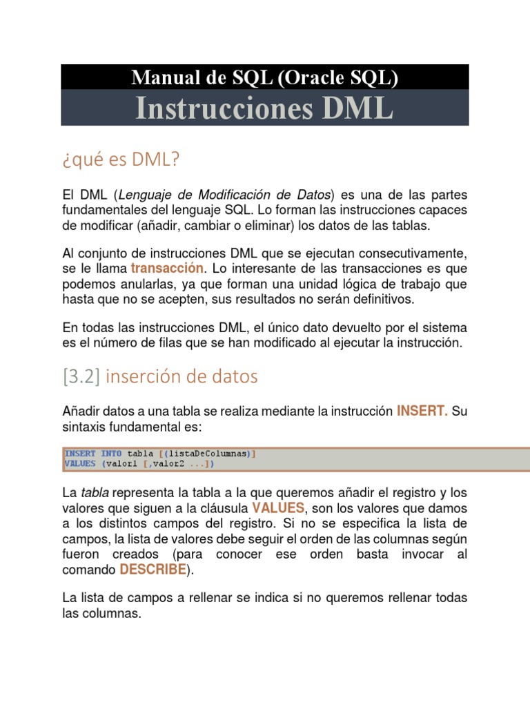 Instrucciones DML | PDF | SQL | Tabla (base de datos)