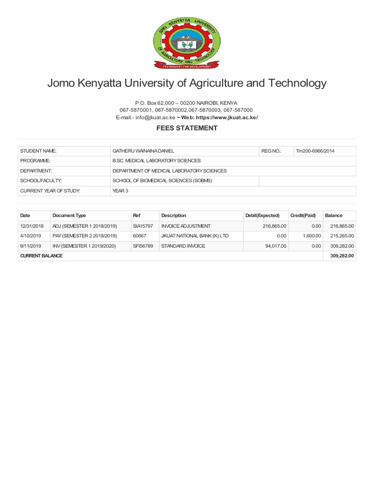 Jomo Kenyatta University of Agriculture and Technology: Fees Statement | PDF