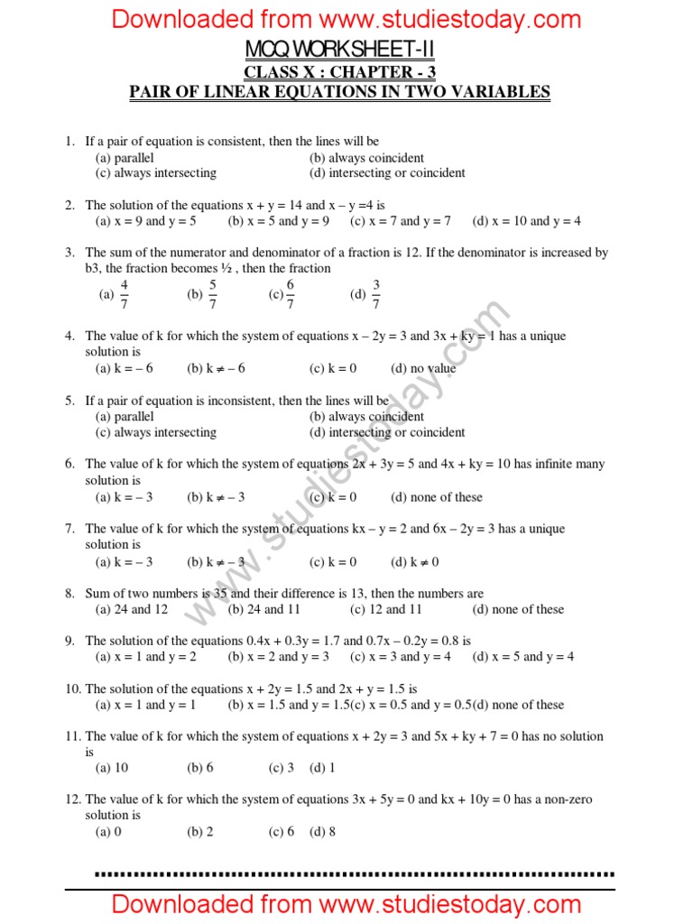 Class 10 Linear Equations MCQ Worksheet | PDF | Equations | System Of ...